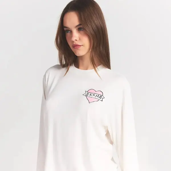 SKIMS ハート柄 ロンT ホワイト　Mサイズ Skims Boyfriend Long Sleeve T-Shirt And Boxer Set - Marble Heart